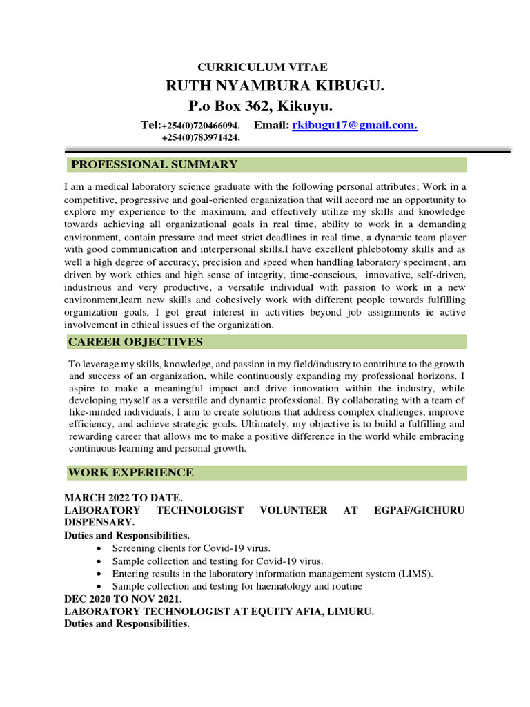Ruth Med Lab CV | PDF | Health Care