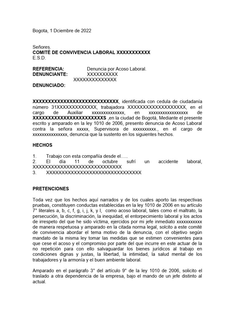 Modelo Denuncia Acoso Laboral Pdf Justicia Crimen Y Violencia 8132