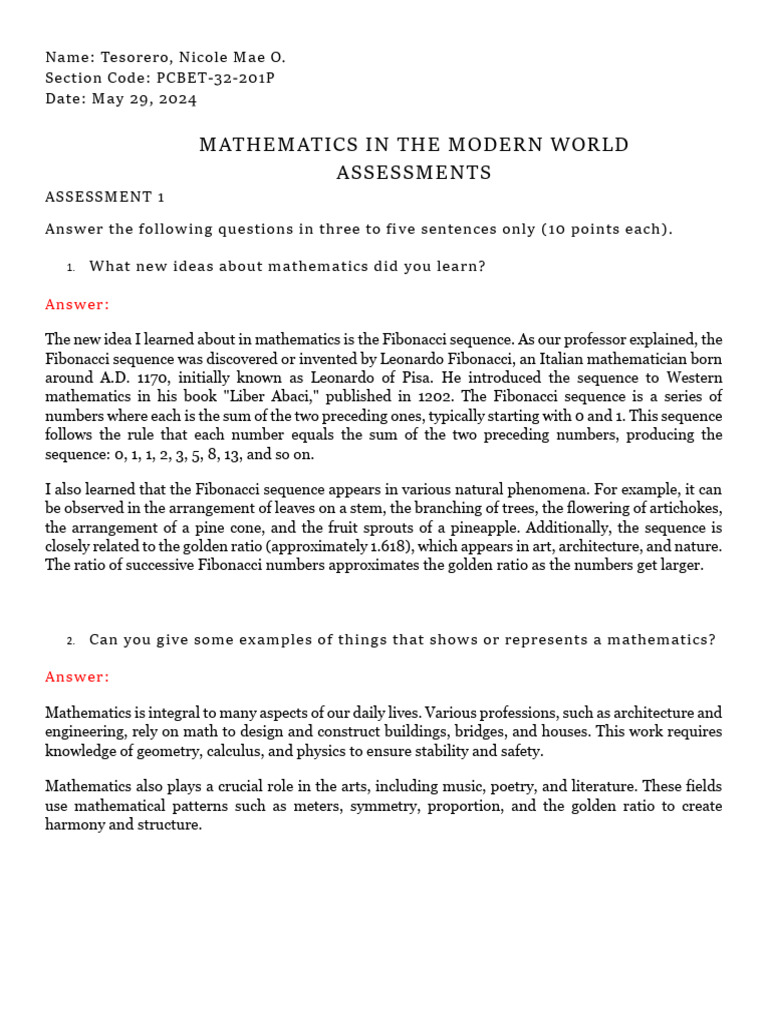MMW Assessment | PDF | Mathematics | Geometry