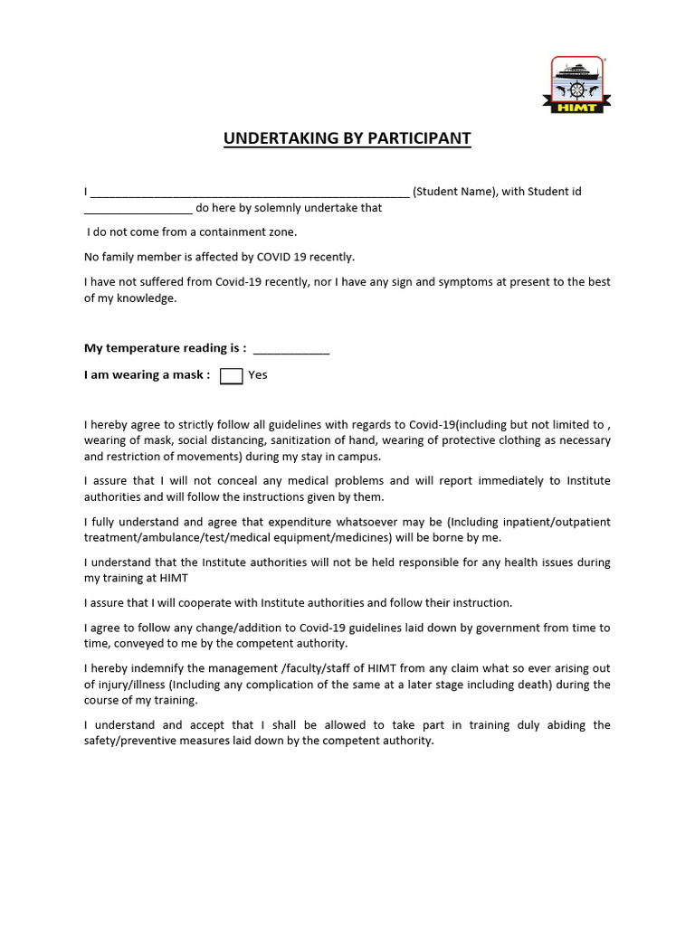 COVID-19 Safety Undertaking Form | PDF | Self-Improvement | Wellness