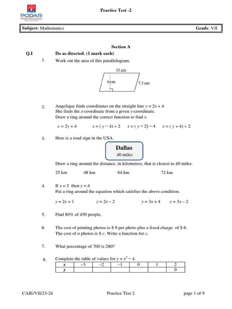 Math - Practice Test - 2 | PDF | Cartesian Coordinate System | Mathematics