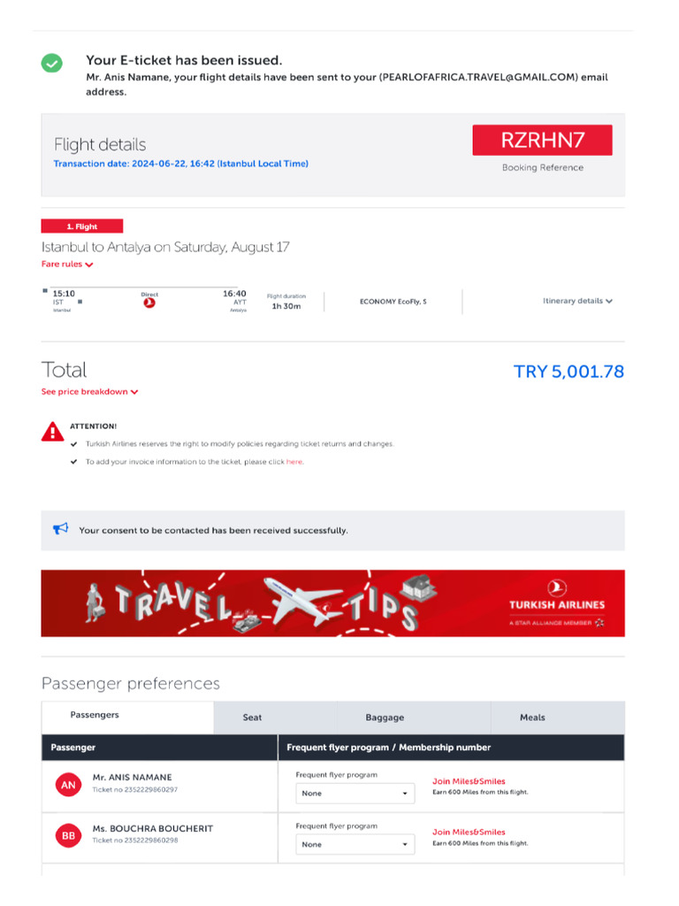 Thank You - Booking - Turkish Airlines ® | PDF