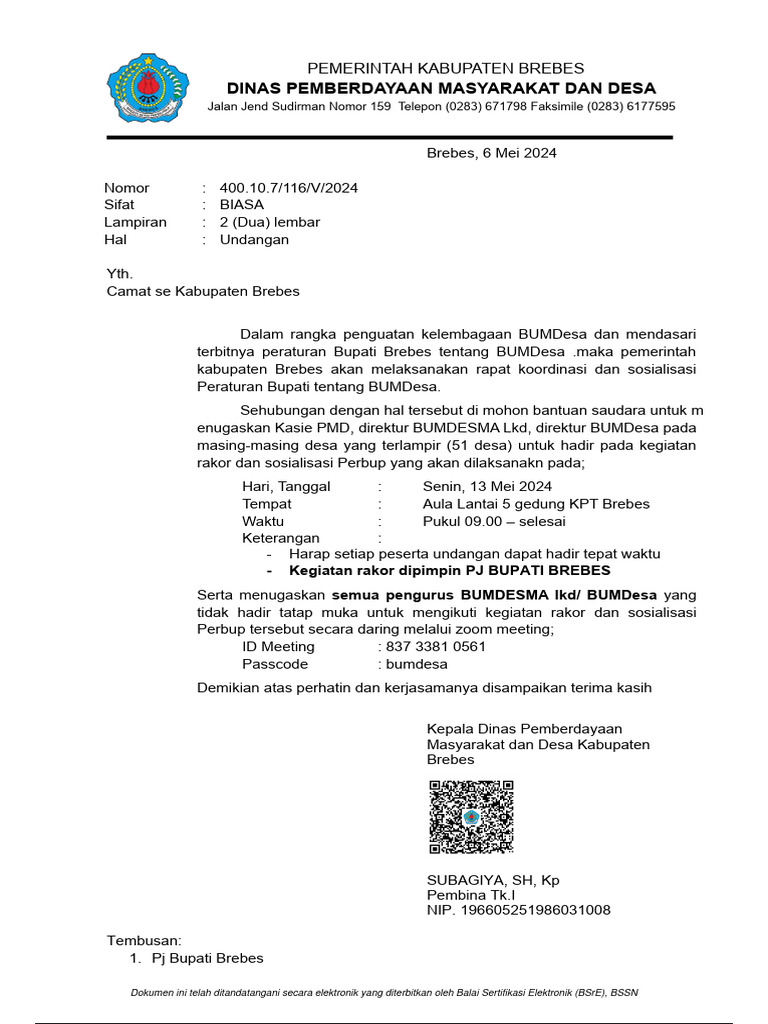 Undangan Rakor Bumdes Dan Sosialisasi Perbup (PMD Dan Bumdes) | PDF