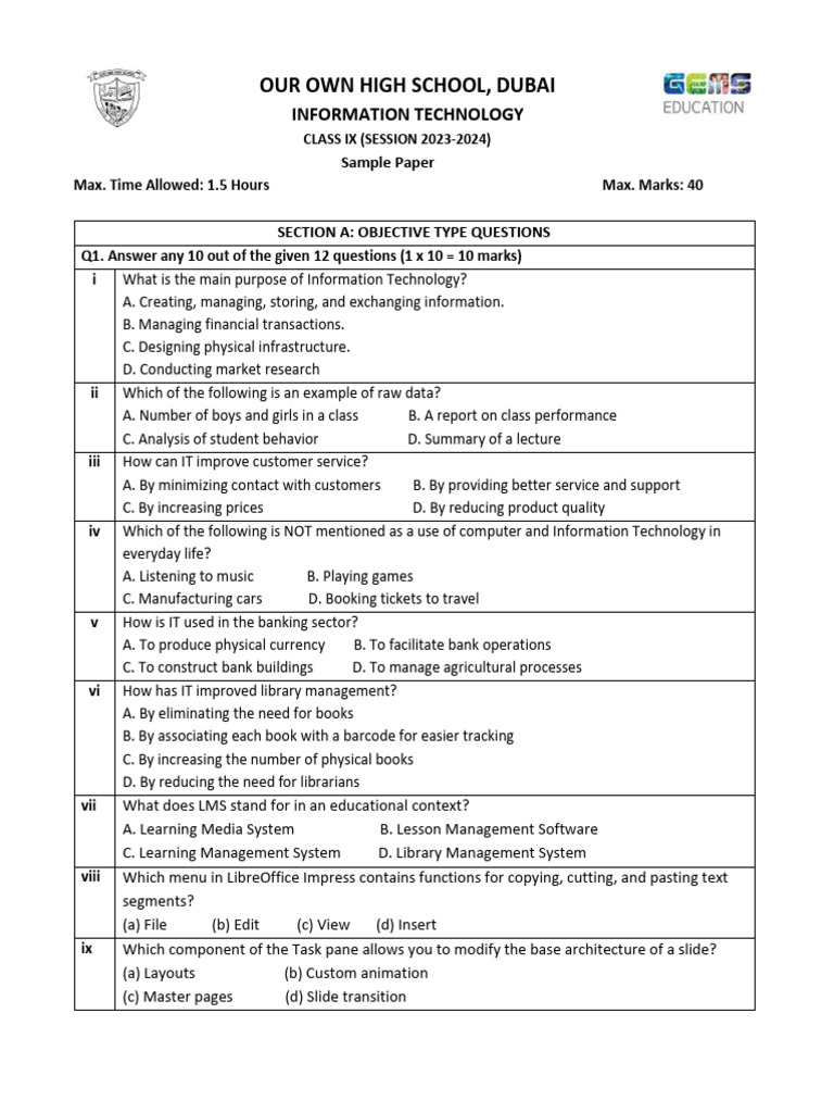 Sample Question Paper - Information Technology 2024 | PDF | Information ...