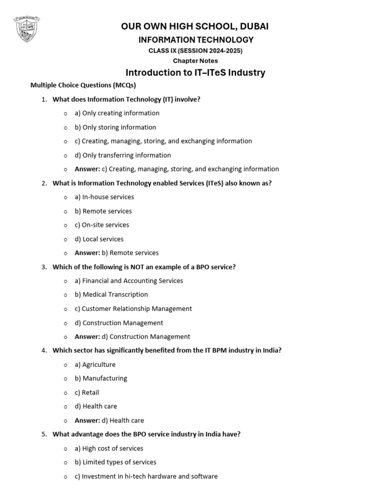 Introduction To IT-ITeS Industry-Revision Notes | PDF | Outsourcing ...