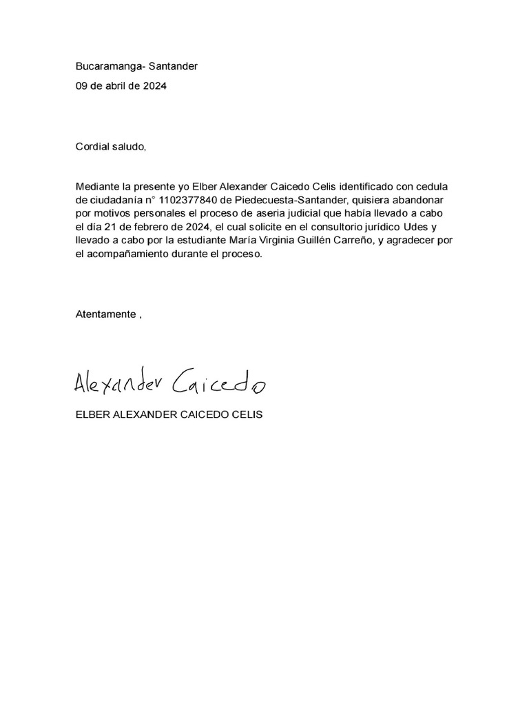 Carta Alexander Caicedo | PDF