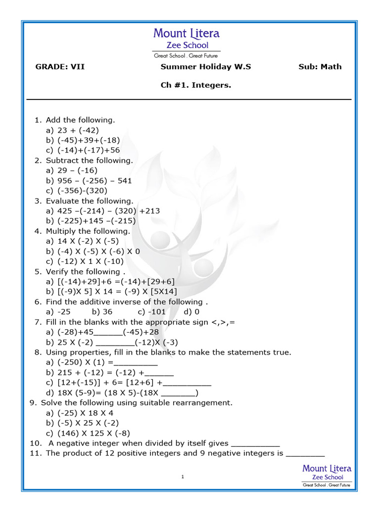 Grade 7_Math_ Holiday Homework WS | PDF | Arithmetic | Mathematics