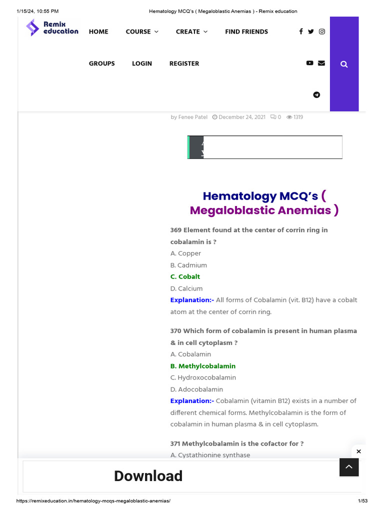 Hematology MCQs: Megaloblastic Anemias | PDF | Vitamin B12 | Biosynthesis