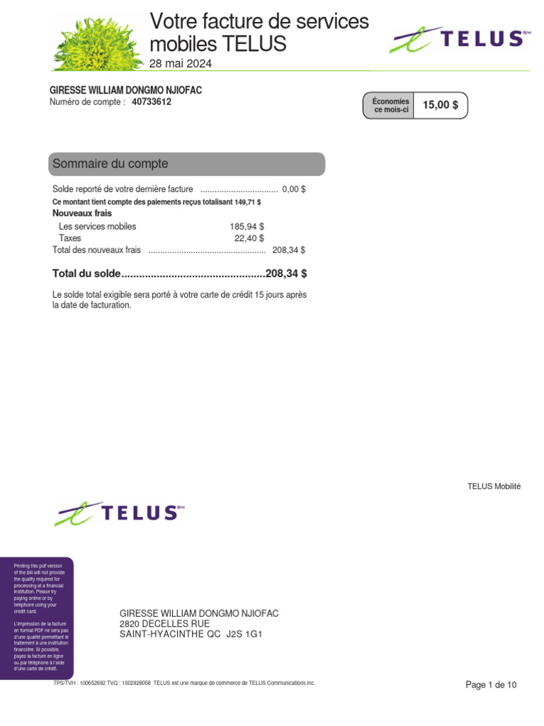 Facture de services mobiles TELUS | PDF | Télécommunications | Secteurs ...