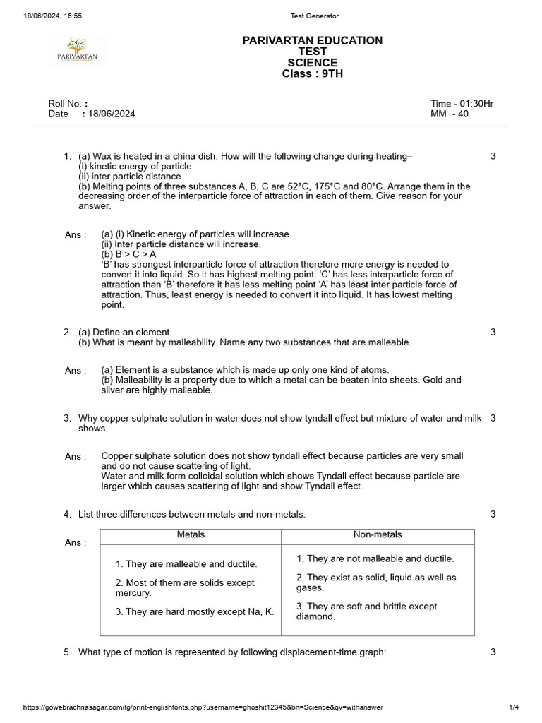 9th Science Ch-1,2,7,8 Ans | PDF | Gases | Force