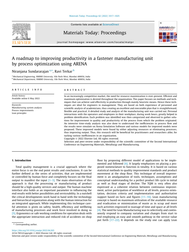 A Roadmap To Improving Productivity in A Fastener Manufacturing Unit by Process Optimization ...
