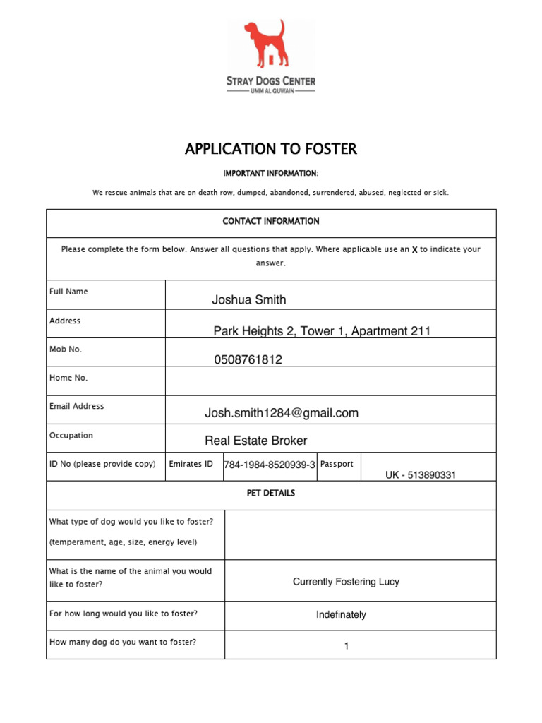 Dog Foster Application Form | PDF | Dogs | Pet