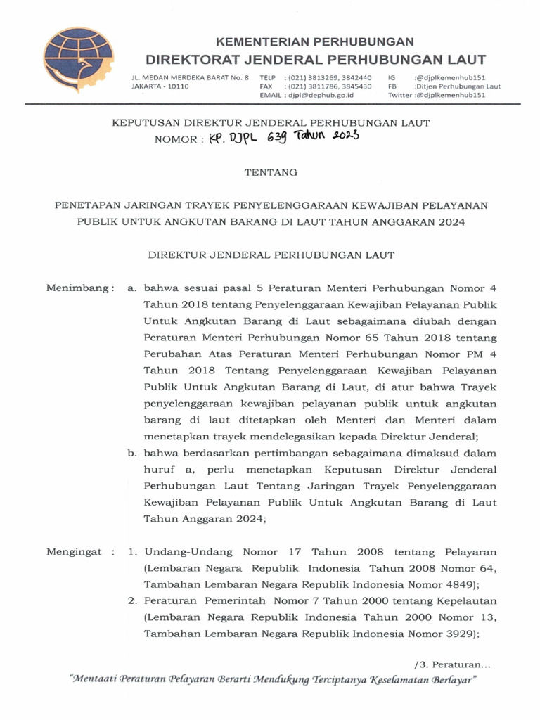 KP - DJPL 639 Tahun 2023 - SK TRAYEK TOL LAUT 2024 - FIX | PDF