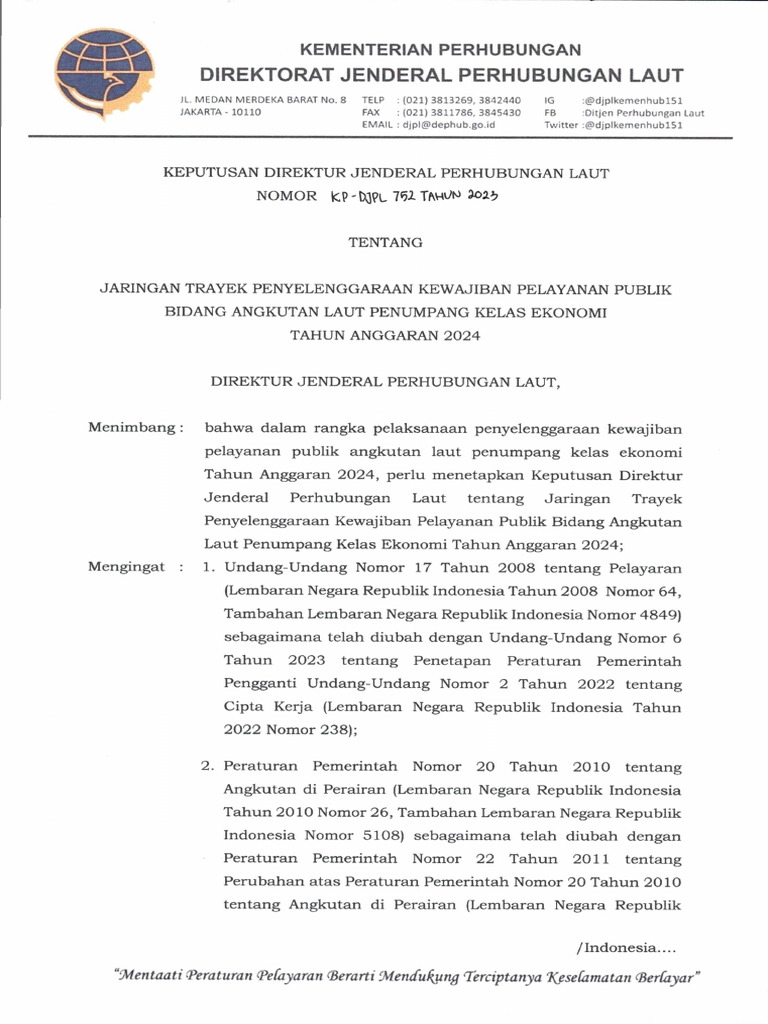 KP-DJPL 752 Tahun 2023 Tentang Jaringan Trayek Kapal PSO Tahun 2024 | PDF