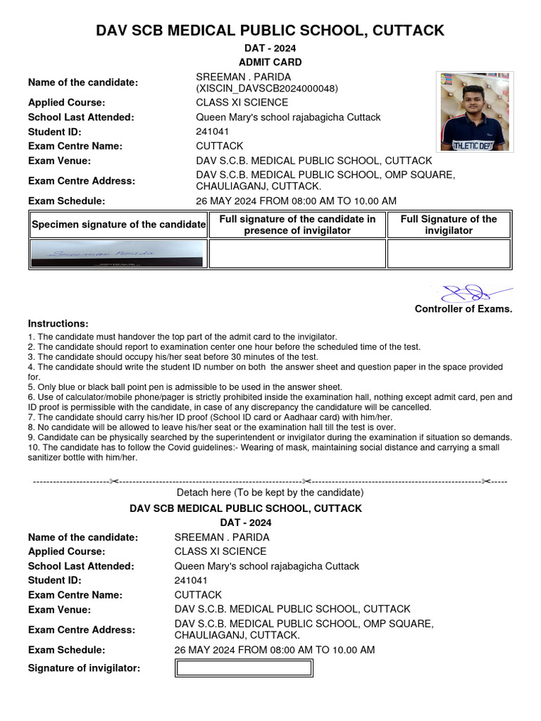DAV SCB Medical School Admit Card 2024 | PDF