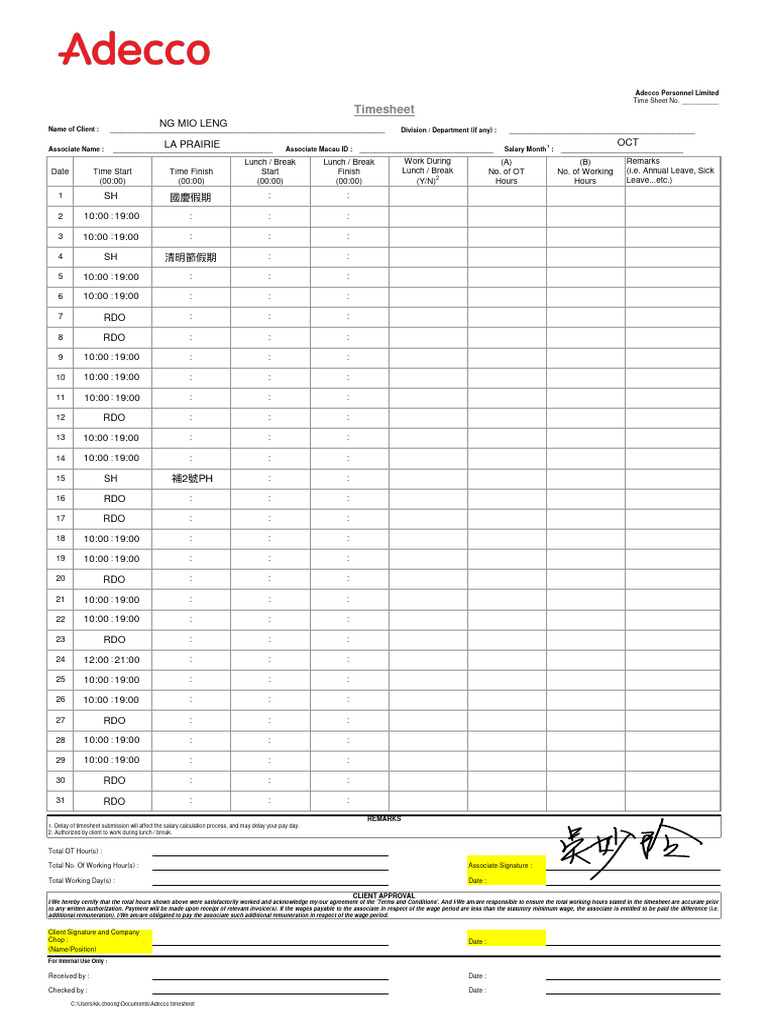 Adecco Timesheet(1) | Download Free PDF | Wage | Salary