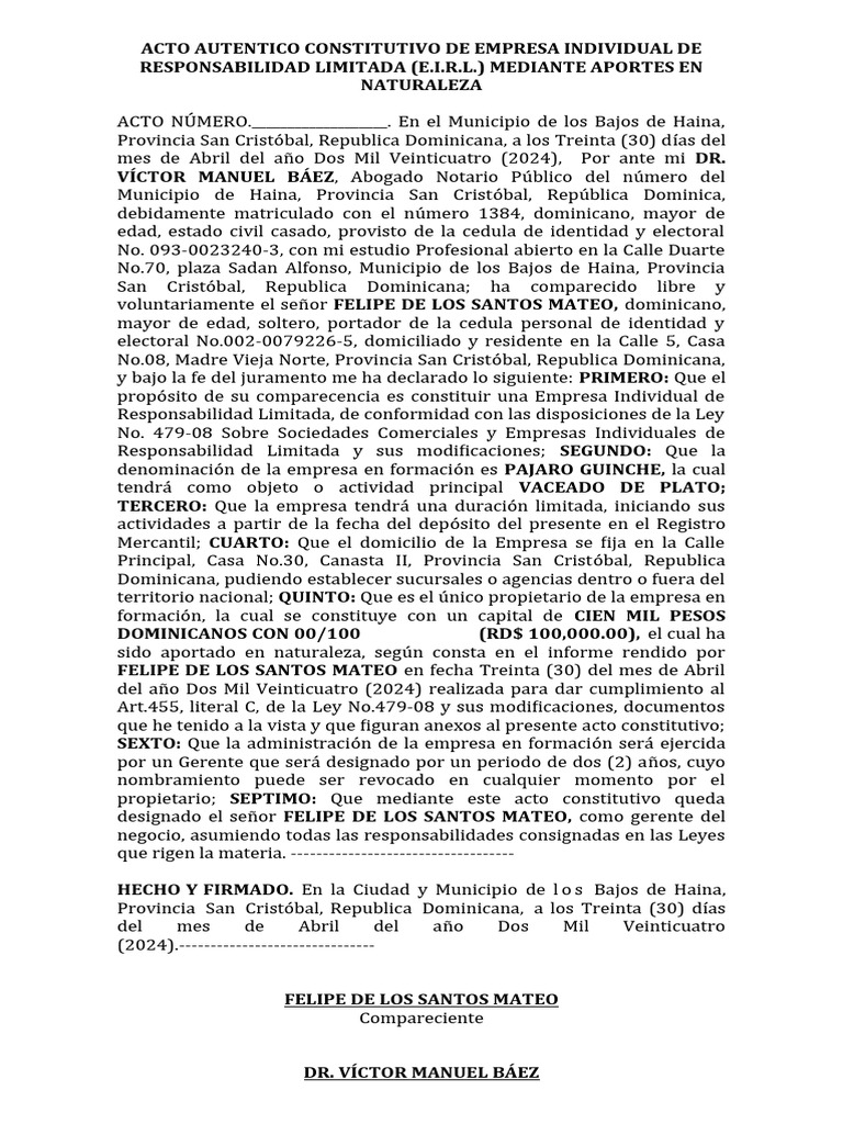 Constitución E.I.R.L. en San Cristóbal | PDF | República Dominicana | Gobierno