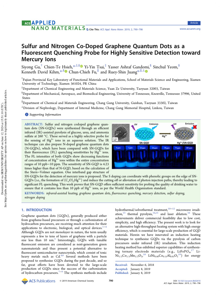 Gu Et Al 2019 Sulfur and Nitrogen Co Doped Graphene Quantum Dots As A Fluorescent Quenching ...