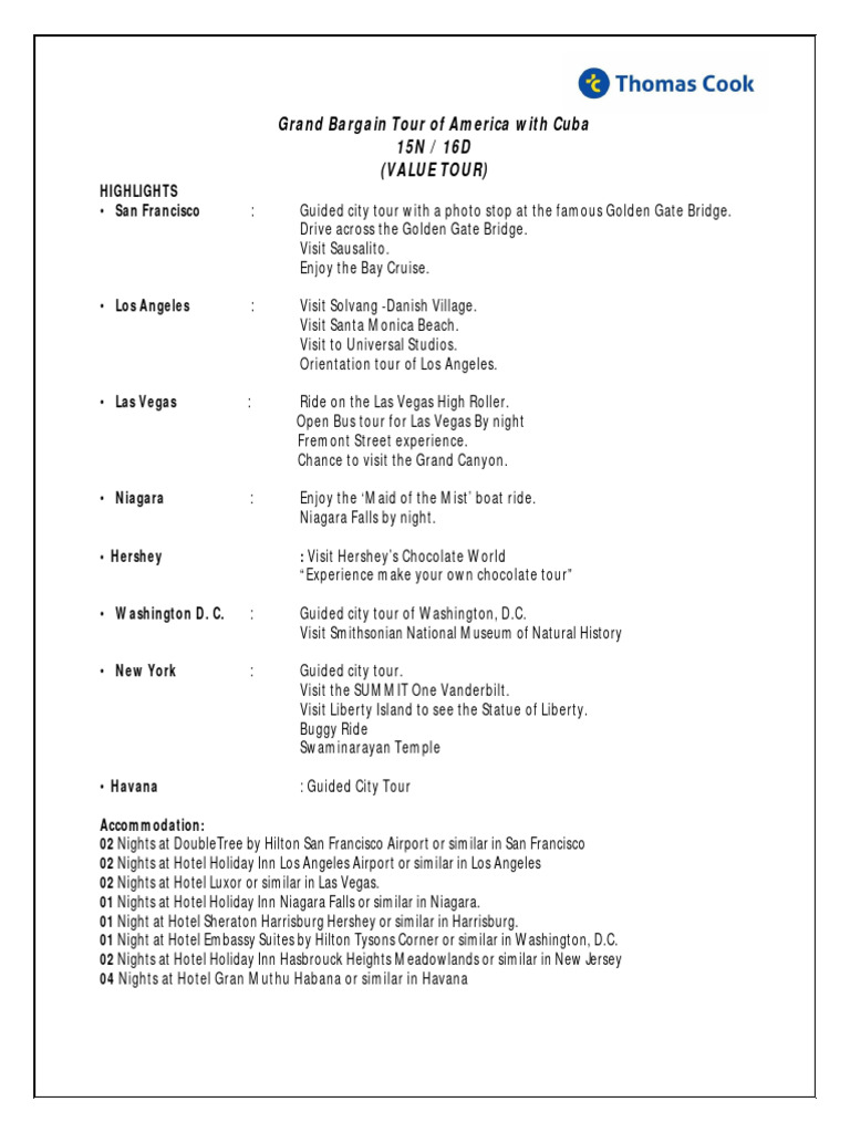 Grand Bargain Tour of America With Cuba Summer 2024 - Thomas Cook | PDF | Havana | Fee