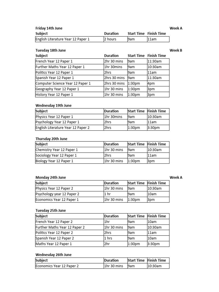 Year 12 June 2024 Mock Timetable | PDF | Liberal Arts Education | Inquiry