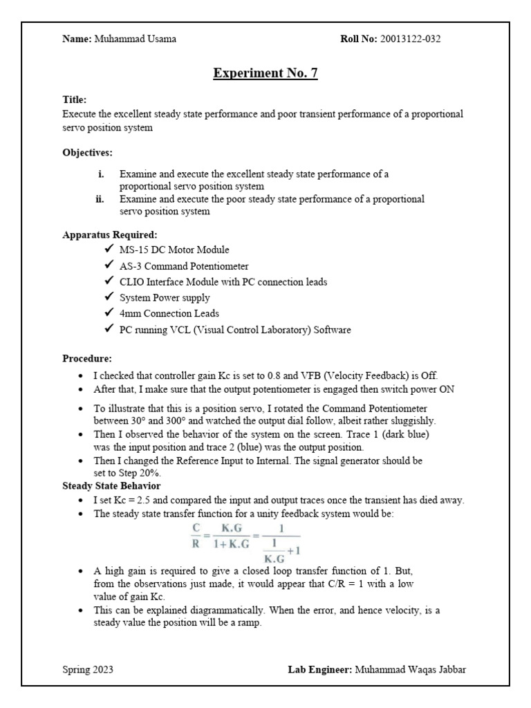 Experiment No 7 | PDF | Servomechanism | Feedback Experiment No 7 | PDF | Servomechanism | Feedback