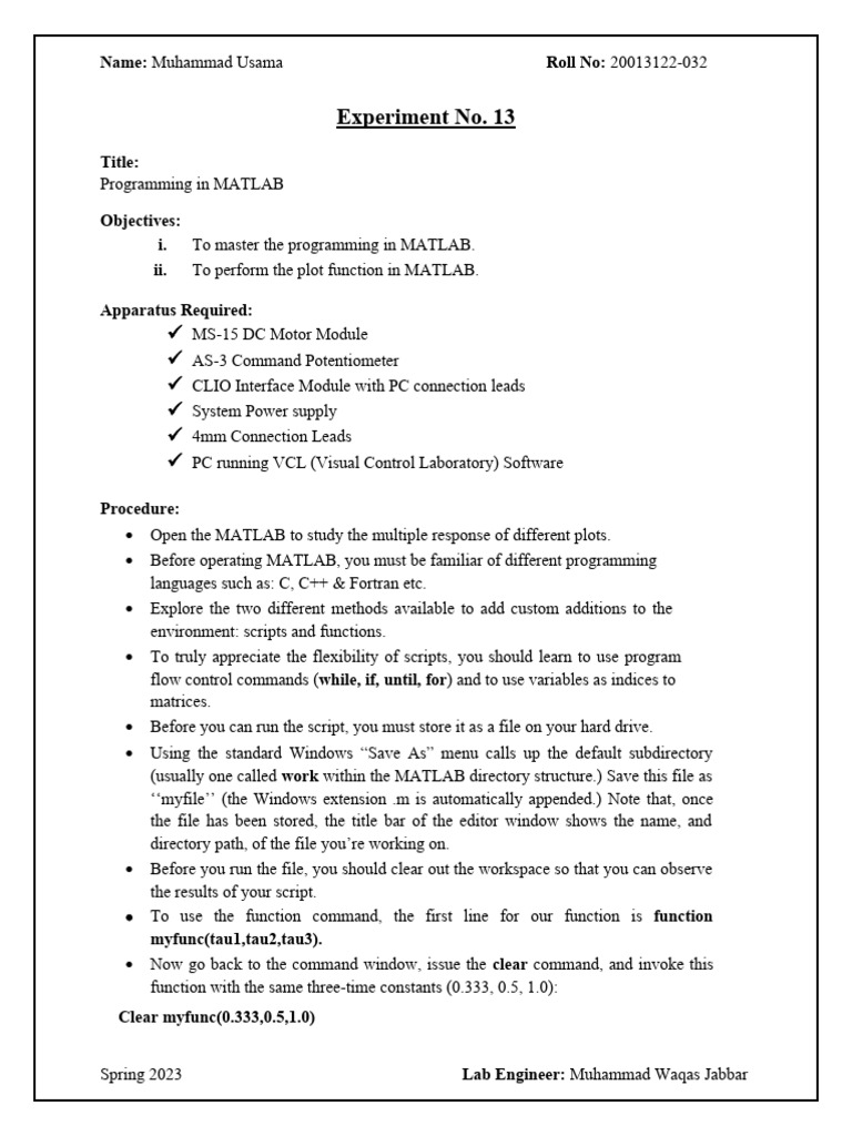 Experiment No 13 | PDF | Matlab | Computer Programming