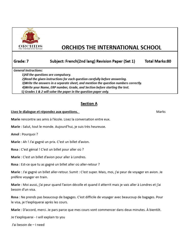 Grade 7 - French - 2nd Lang - Set 1 Answer Key | PDF