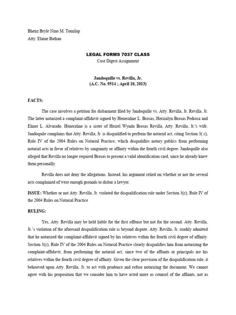 Tomilap, Bhenz Bryle - Legal Forms Case Digest | PDF | Affidavit | Notary Public