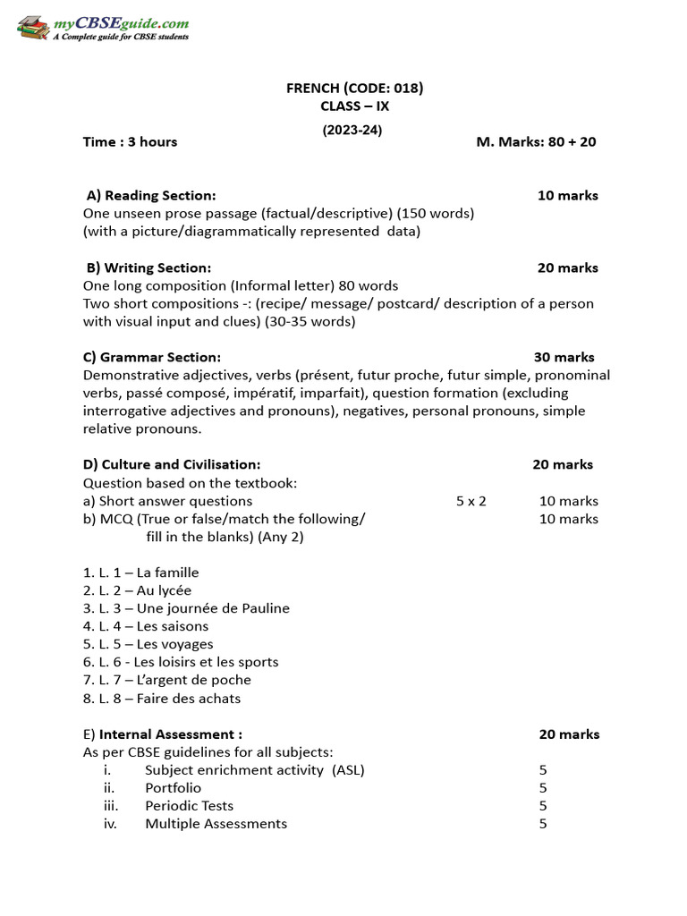 9 Syllabus 2024 French | PDF | Pronoun | Grammar