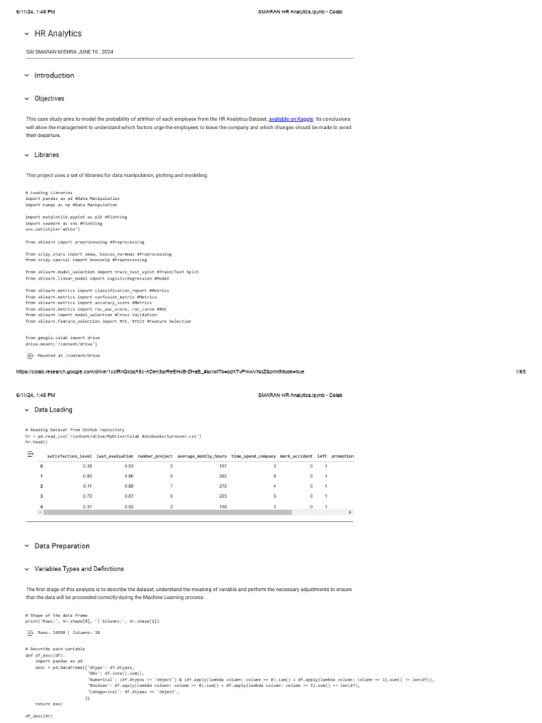 SMARAN HR Analytics - Ipynb - Colab | PDF | Data | Computing