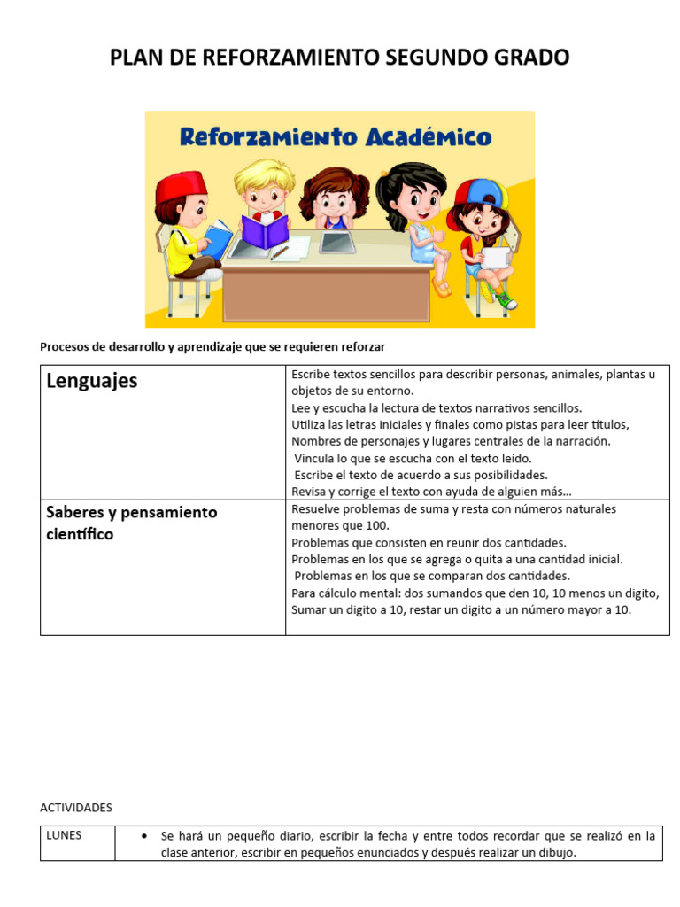 Plan de Reforzamiento Segundo Grado | PDF