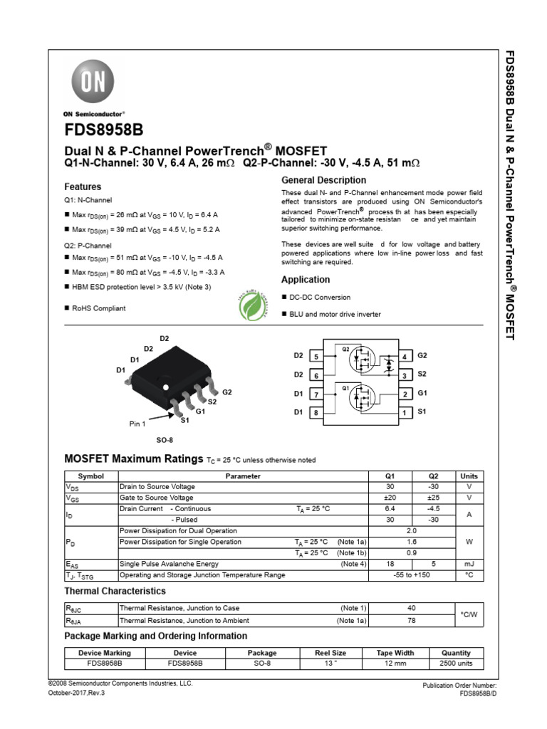FDS8958B ONSemiconductor | PDF | Field Effect Transistor | Mosfet