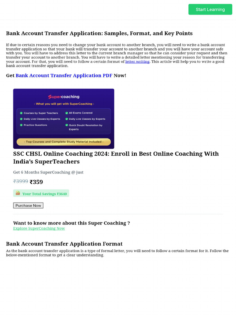 Bank Account Transfer Application - Format, Samples, Template, PDF | PDF