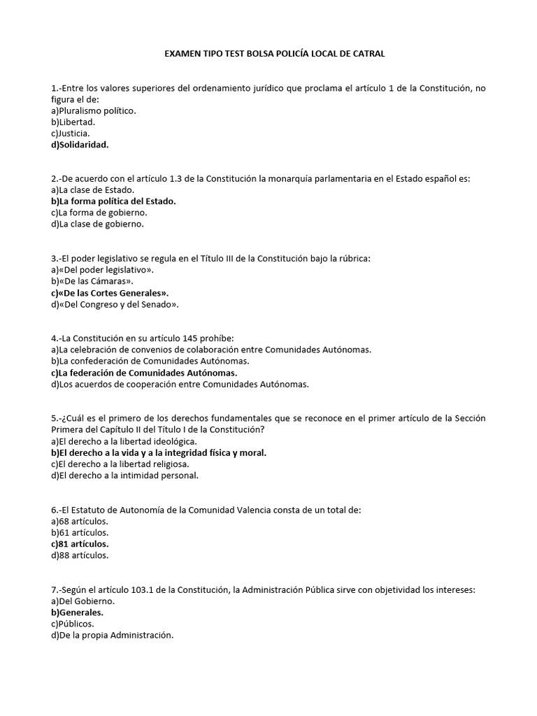 Examen Bolsa PL Catral - Corregido - 1 | PDF | Policía | Licencia de conducir