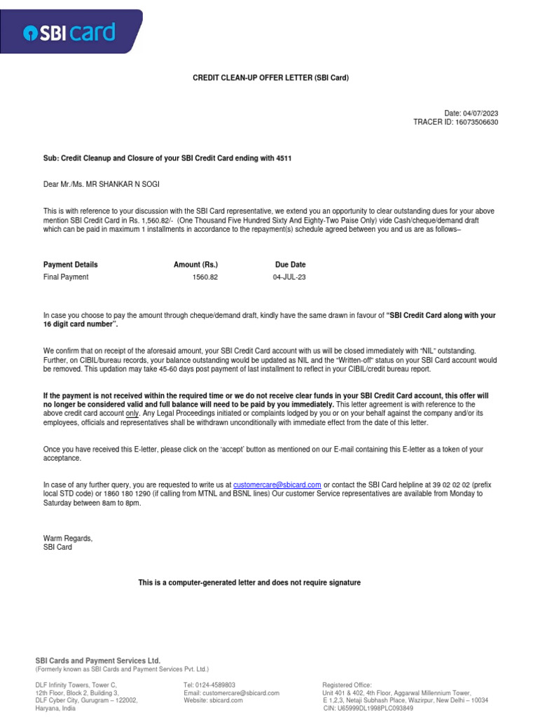 Cibil Cleanup Letter | PDF | Credit Card | Payments