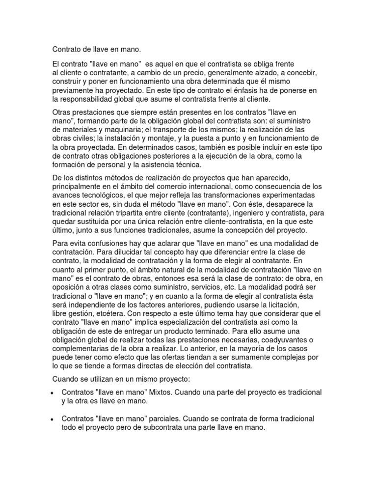 Contrato de Llave en Mano | PDF | Contratista general | Economias