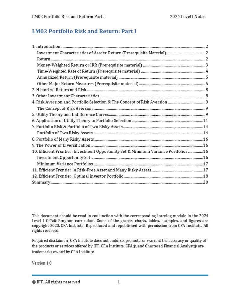 LM02 Portfolio Risk and Return Part I IFT Notes | PDF | Modern ...