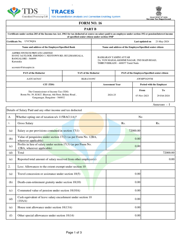 Form 16 TDS Certificate for AY 2024-25 | PDF | Tax Deduction | Salary