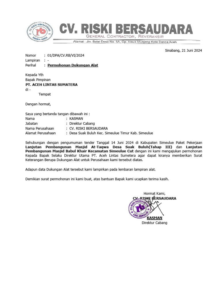 Surat Permohonan Dukungan Peralatan | PDF