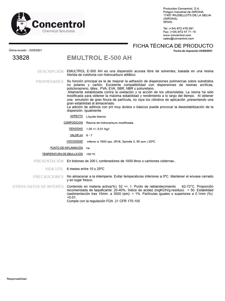 Emultrol E-500 AH: Ficha Técnica | PDF | Sustancias químicas | Química