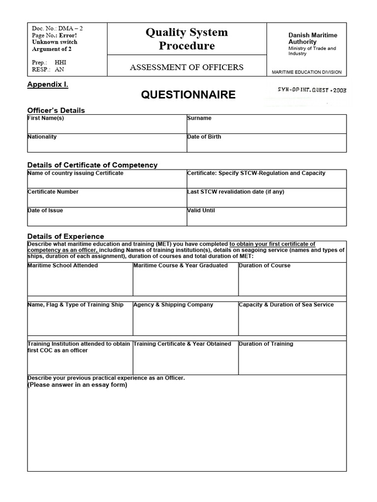 Quality Systems Procedure Questionnaire Form | PDF