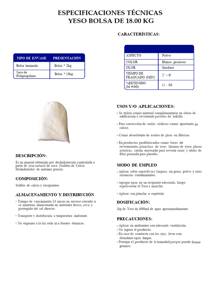 Yeso Blanco 18kg: Usos y Especificaciones | PDF | Yeso | Agua