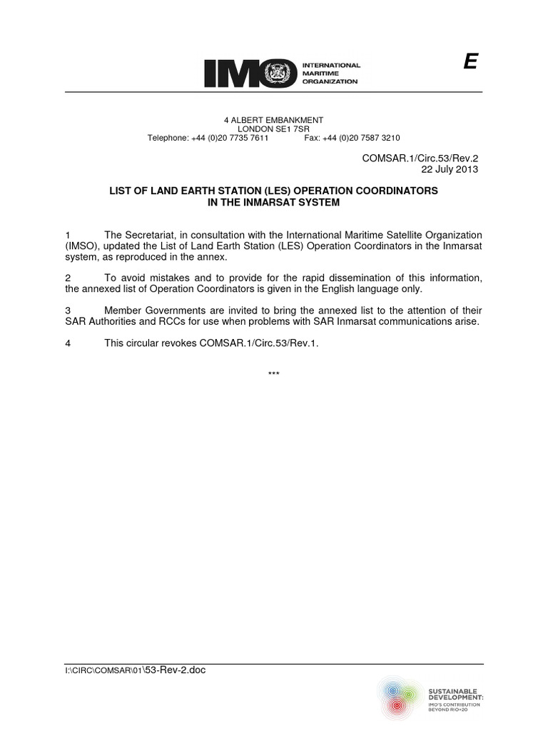 COMSAR.1-Circ.53-Rev.2 - List of Land Earth Station (Les) Operation Coordinators in The Inmarsat ...