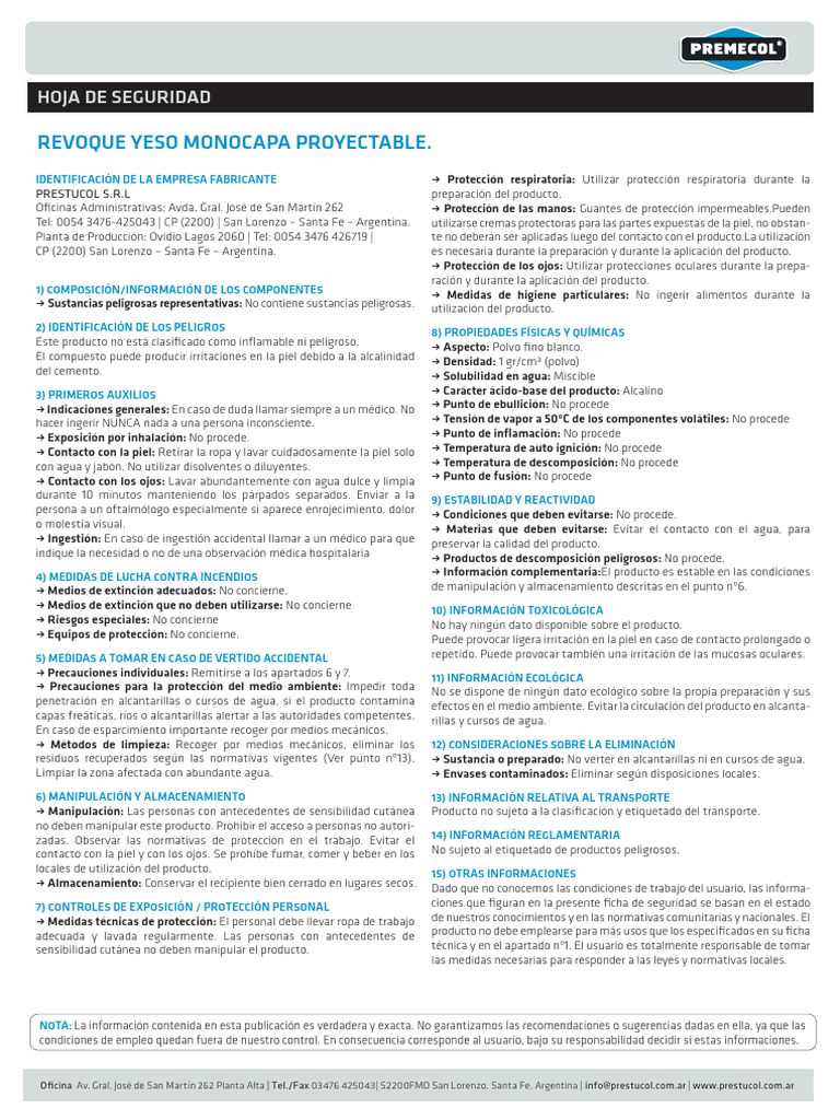 19 - Hoja Seguridad Revoque Yeso Monocapa Proyectable | PDF | Agua | Yeso