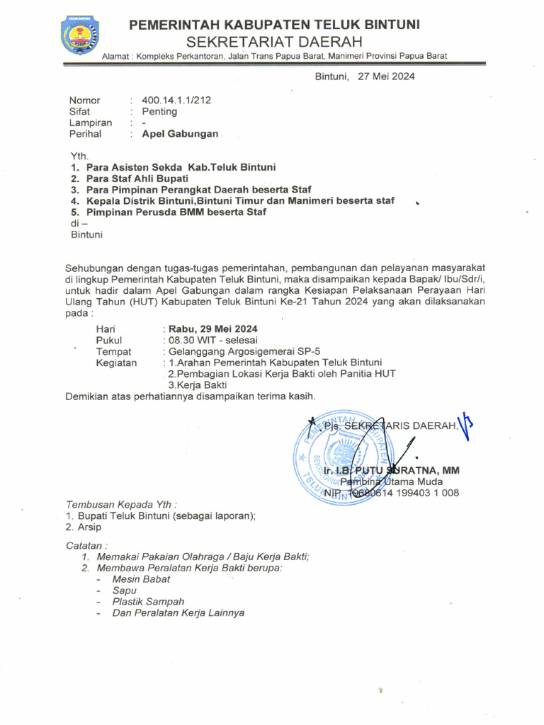 212-Apl Gabungan Persiapan Hut 21 Bintuni-20240527 | PDF