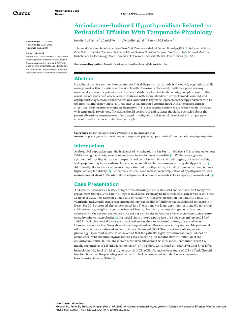 Abrams Et Al, 2022 - Amiodarone-Induce Hypothyroidism Related To Pericardial Effusion With ...