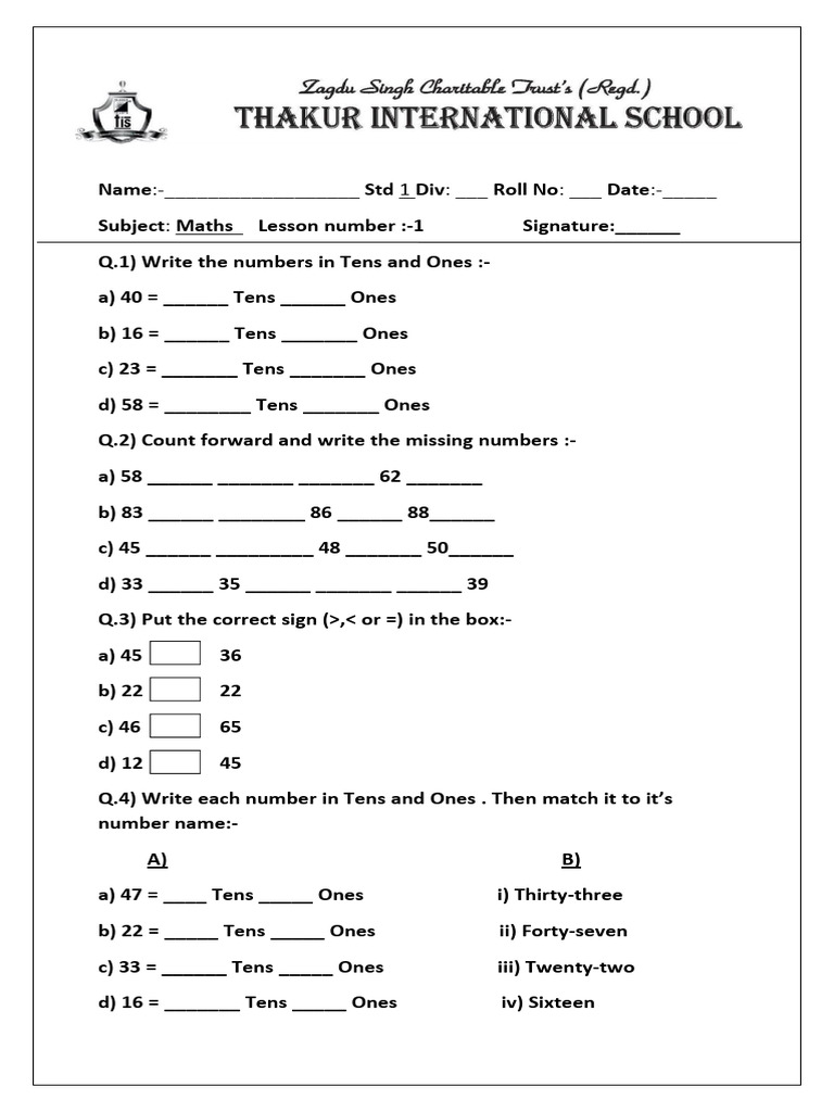 Maths Grade 1 Sem 1 Portion Worksheets | PDF