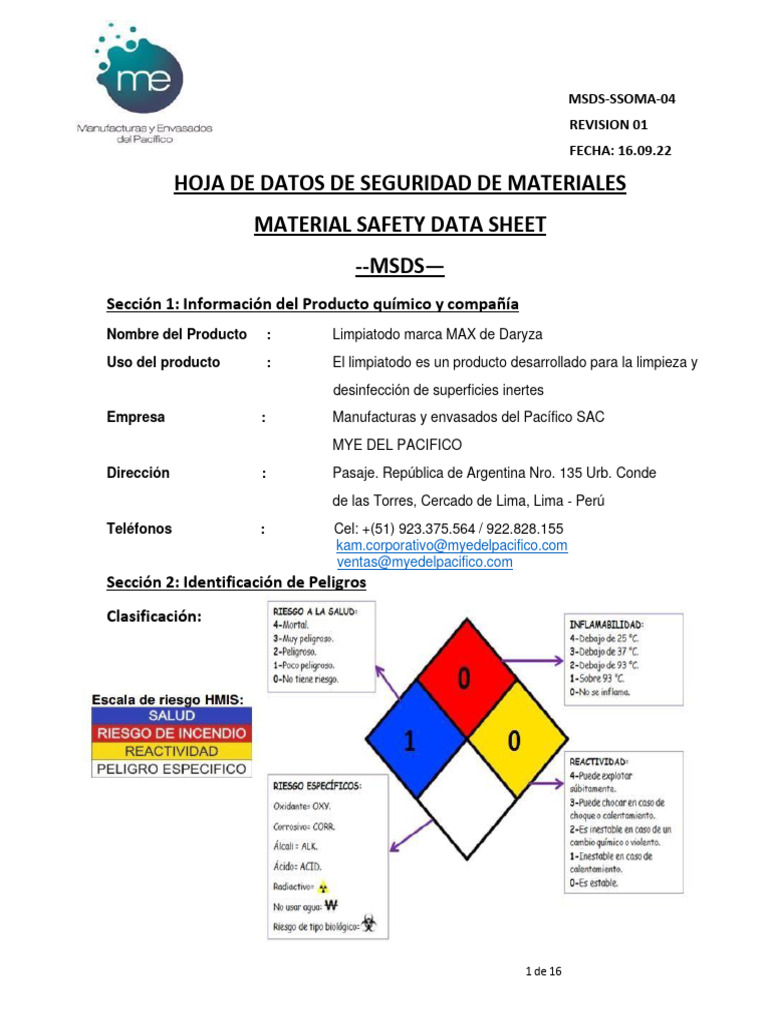 Msds Limpiatodo Antibacterial Max de Daryza | PDF | Agua ...