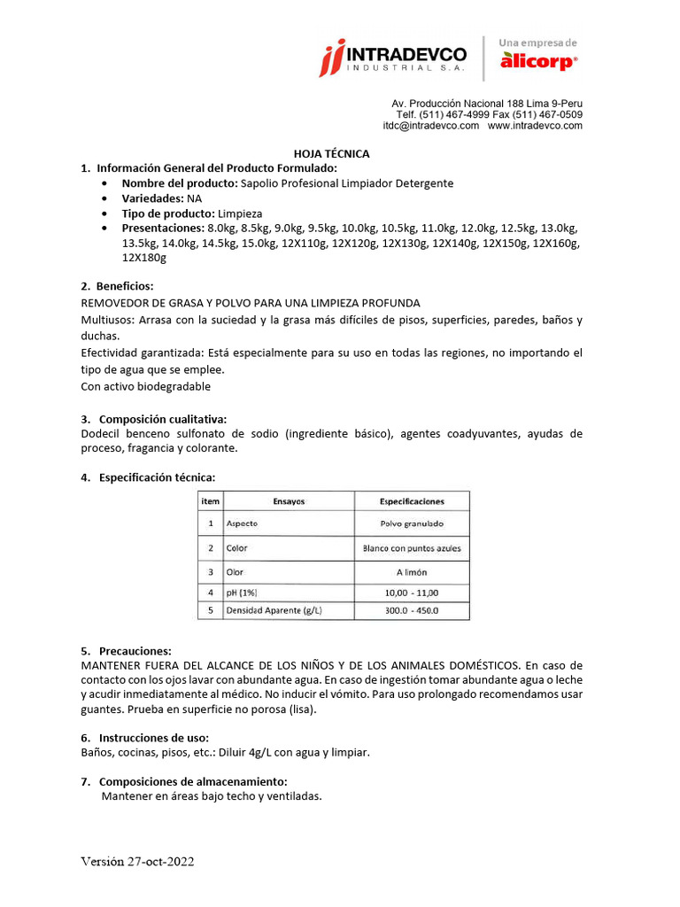 FT Detergente Profesional Saco X 9kg Sapolio | PDF | Tecnología