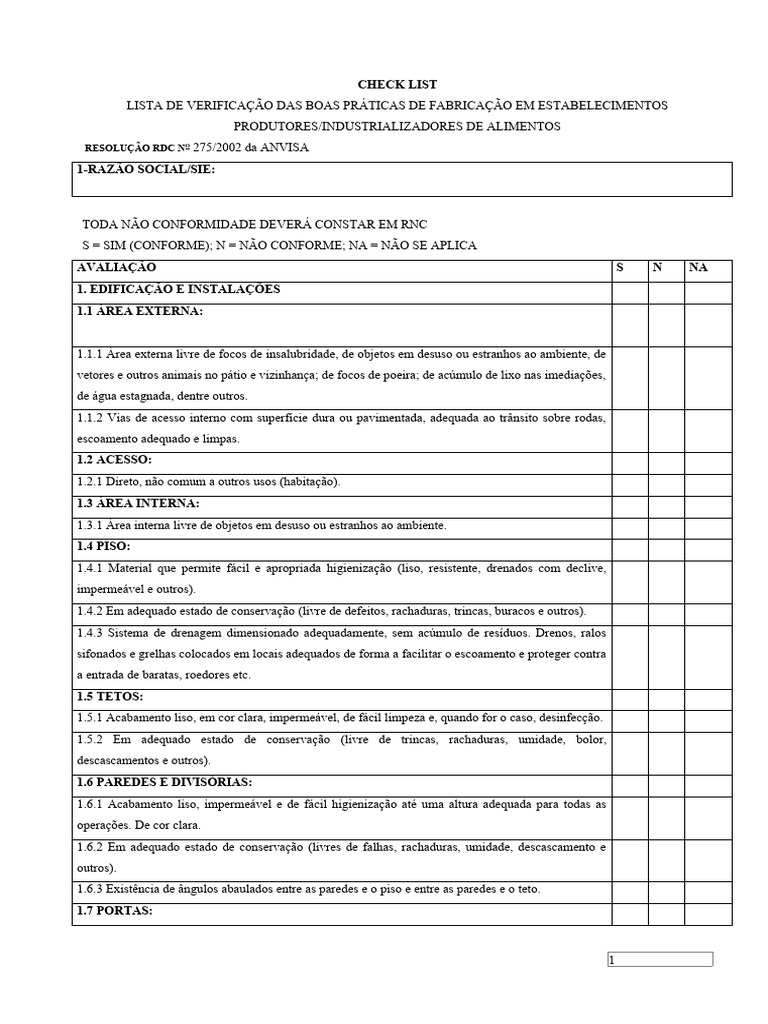 Checklist Industria RDC 275 | PDF | Desperdício